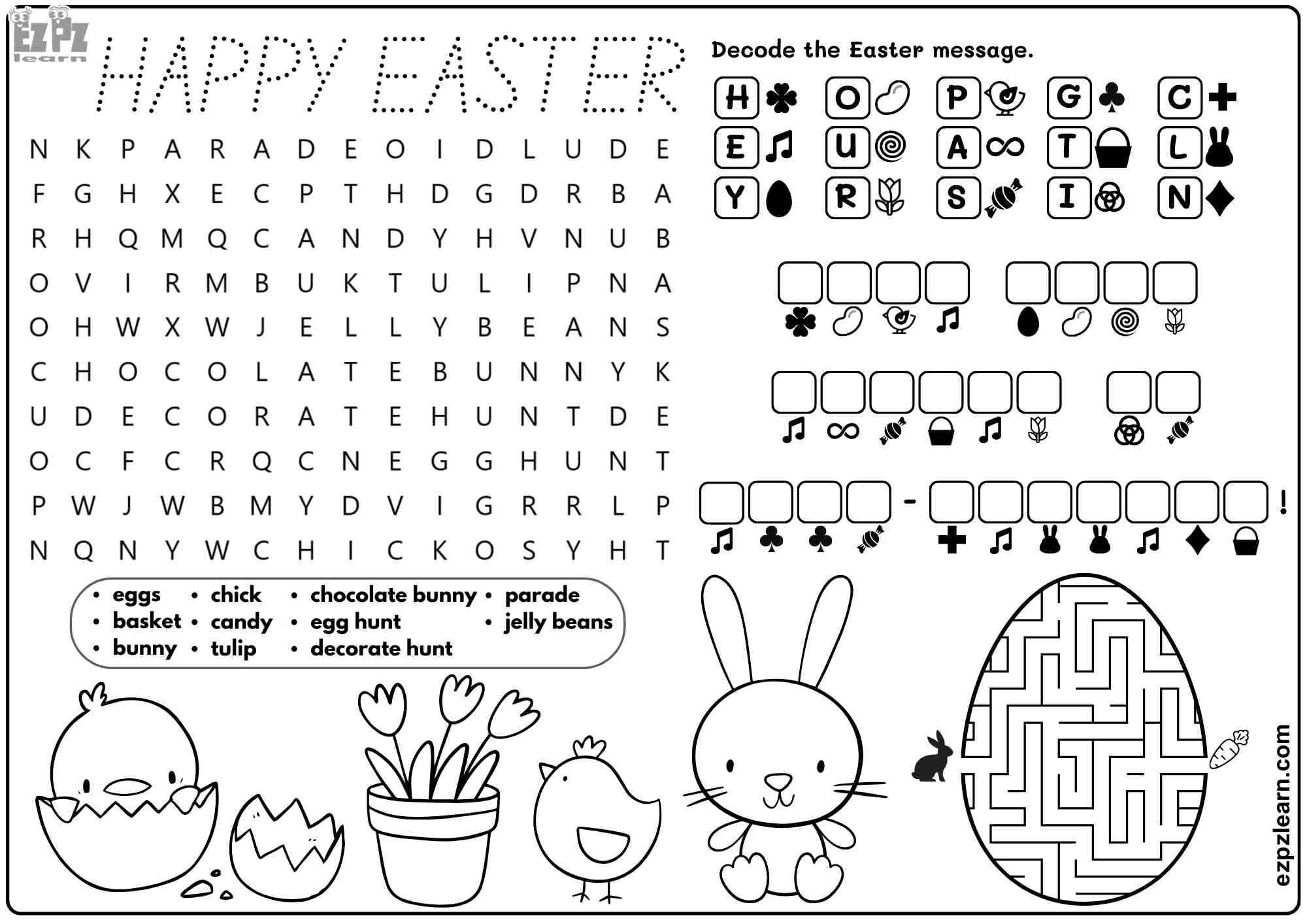Easter Holiday Vocabulary for Kids. Includes: Word Search, Coloring, Cryptogram and Maze ...